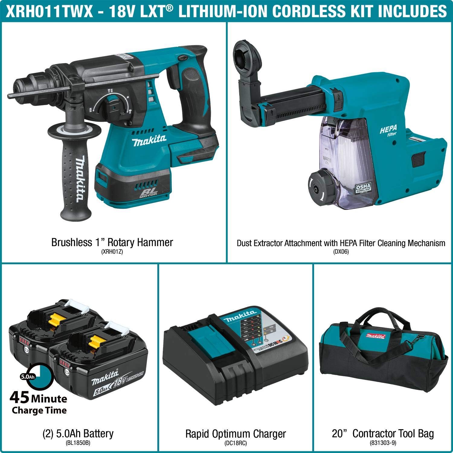 Makita XRH011TWX 18V LXT® Lithium-Ion Brushless Cordless 1" Rotary Hammer Kit, accepts SDS-PLUS bits, w/HEPA Dust Extractor Attachment (5.0Ah)