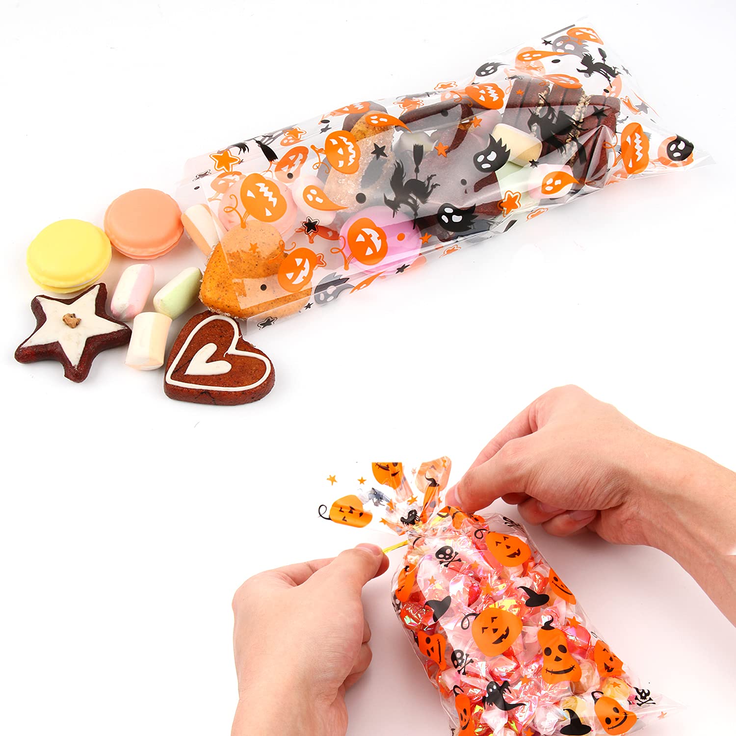 LOMIMOS 150PCS Halloween Cellophane Candy Bags, Clear Plastic Treat bags with 300PCS Twist Ties for Snacks cookies Gift Supplies