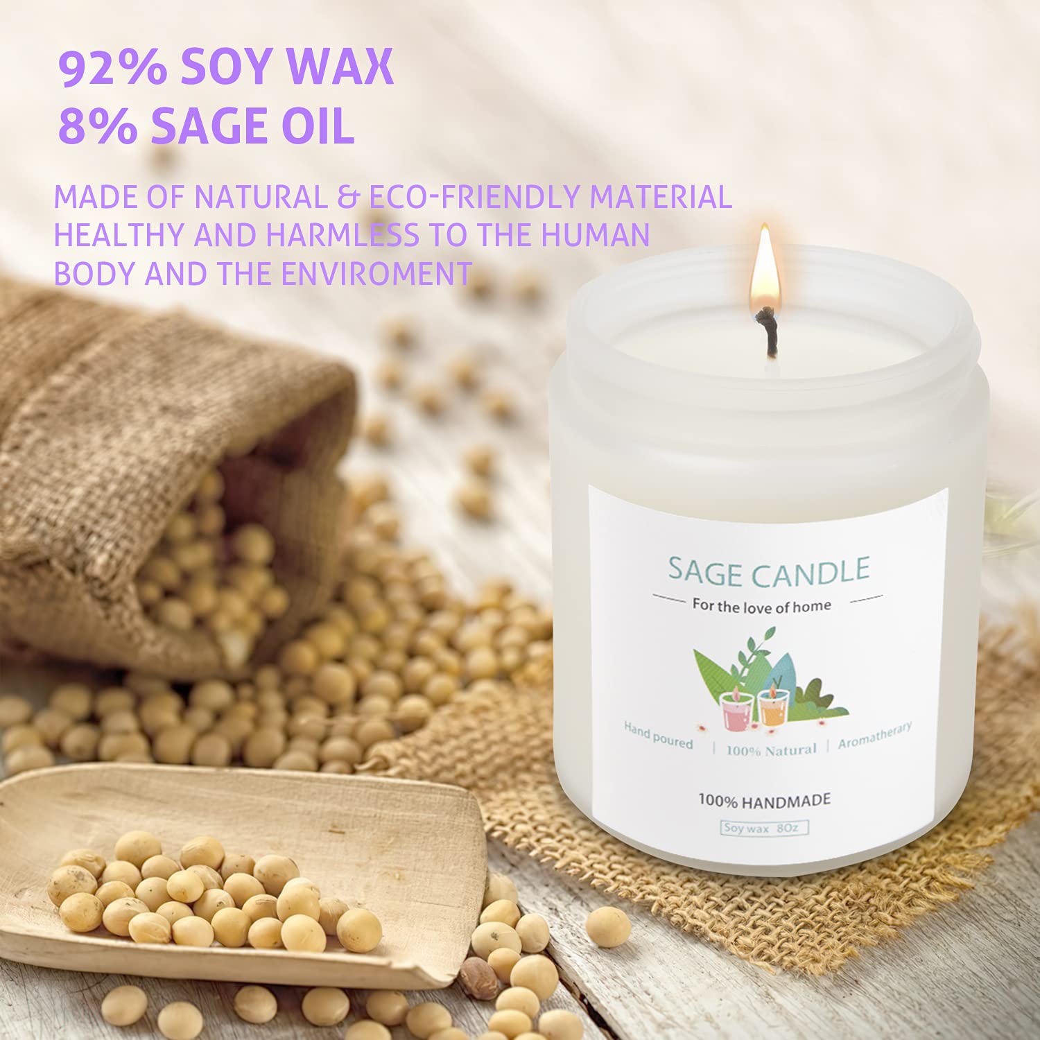 Sage Candle for Cleansing House, 8Oz 45 Hrs Soy Wax Sage Scented Candles for Home Scented Candle, for House Energy Cleansing, Banishing Negative Energy, Purification and Healing,Women Gifts