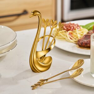 AnSaw Gold Small Coffee Spoon Holder Set,Swan Base With 10 Pcs Demitasse Espresso Spoons Set,4.7" Mini Leaf Dessert Spoon,Stainless Steel Tea Spoons