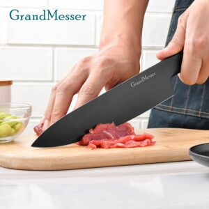 GrandMesser Cooking Chef Knife 8 Inches Carbon Stainless Steel Kitchen Knife with Sharpener and Ergonomic Handle - Chopping Knife for Professional Use (Glossy Stainless)