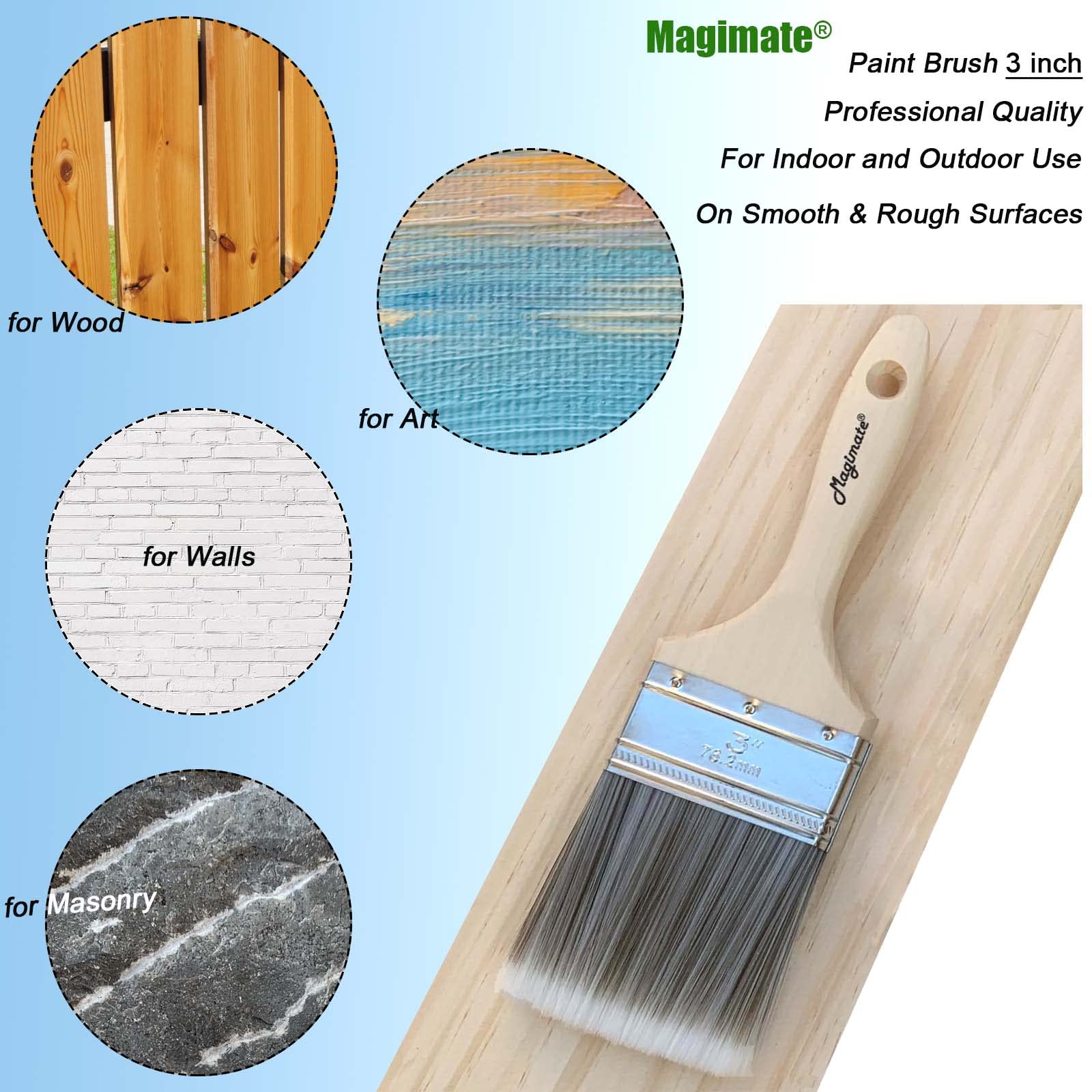 Magimate Flat Paint Brush Soft Bristle 3 inch Wide Wooden Stain Brush for Walls, Furniture, Chalk and Fence, Utility Household Paint Brush