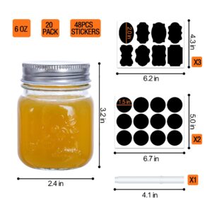 Small Mason Jars with Labels, 6 OZ Glass Jars with Metal Lids, Overnight Oats Jars , Regular Mouth Mason Bottle, Pint Canning Jars, Mini Glass Storage for Jelly, Candy, Jam, Honey, Pickle (20units)