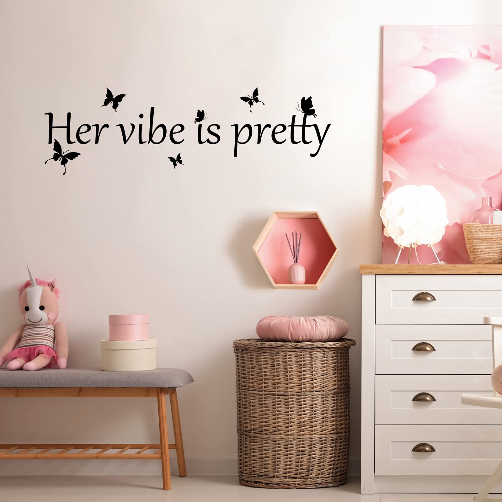 Her Vibe is Pretty Wall Decal Decor Vivid Butterflies Wall Sticker Inspirational Quotes Positive Wall Decal Sticker for Women, Teen Girls Office Dorm 31.5 x 9.4 Inch (Black, Simple Style)