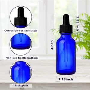 Comrzor 24 Pack 1oz Cobalt Blue Glass Bottles with Glass Eye Droppers for Essential Oils, Perfumes & Lab Chemicals (Brush, Funnels, 2 Extra Droppers, 36 Pieces Labels & 30ml Measuring Cup Included)