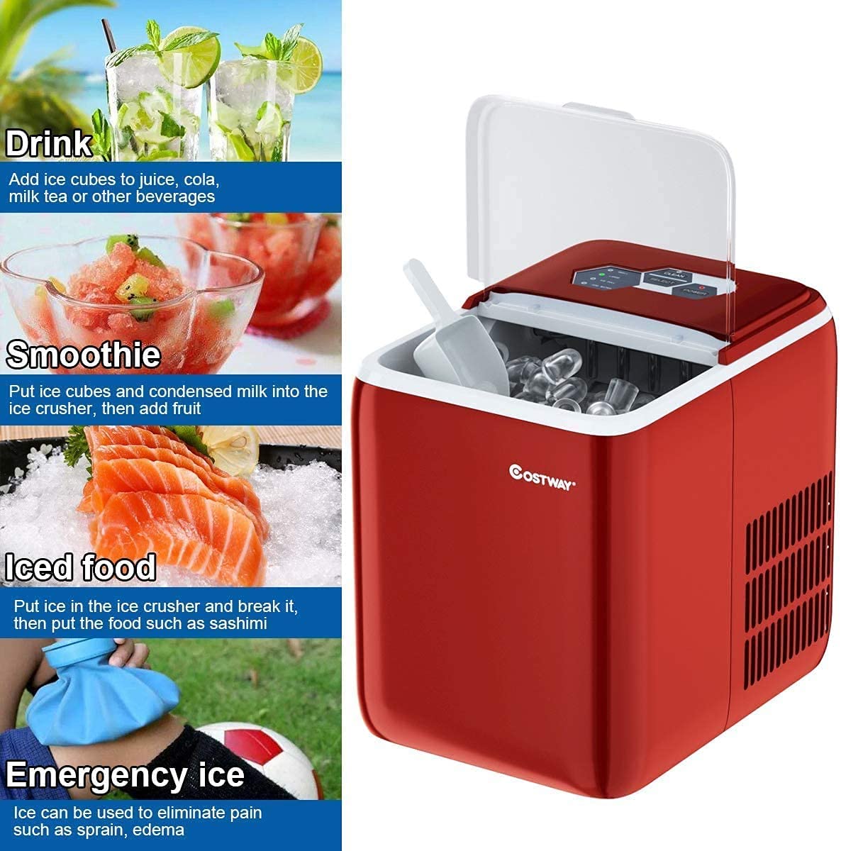 Ice Maker Countertop, Automatic Electric Ice Maker Machine w/Self-Cleaning Function, Portable Ice Machine with Ice Scoop and Basket (Red)