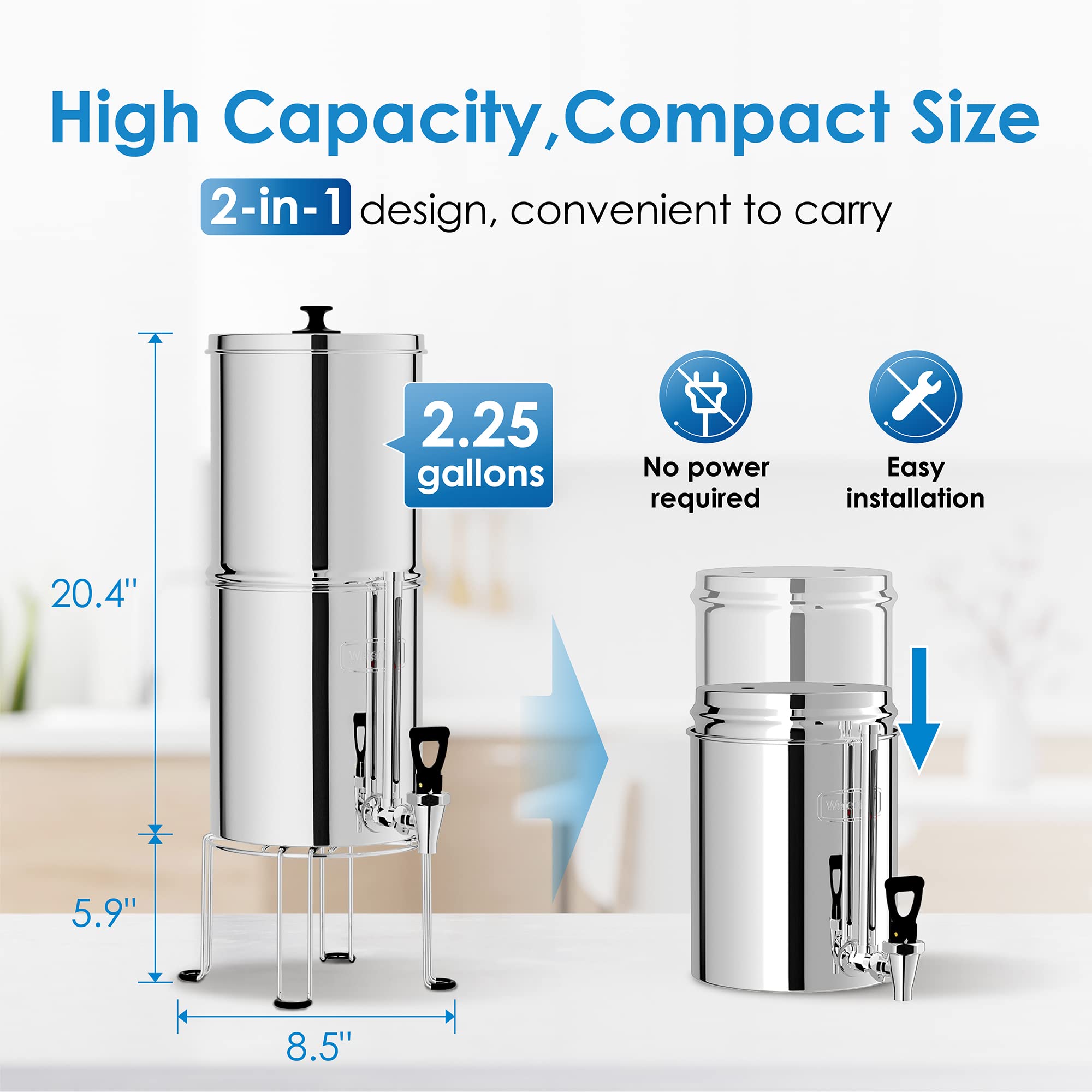 Waterdrop Gravity-fed Water Filter System, NSF/ANSI 42&372 Standard, 2.25G Stainless-Steel System with 4 Filters, Metal Water Level Spigot and Stand, Reduces Chlorine-King Tank Series, WD-TK-FS