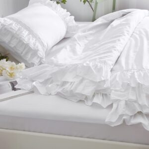 Meaning4 White Twin Duvet Cover with Ruffles and Lace Quilt Cover Egypt Cotton 68x90 Inch 1 Pieces Solid (Not Include Pillowcases and Insert)