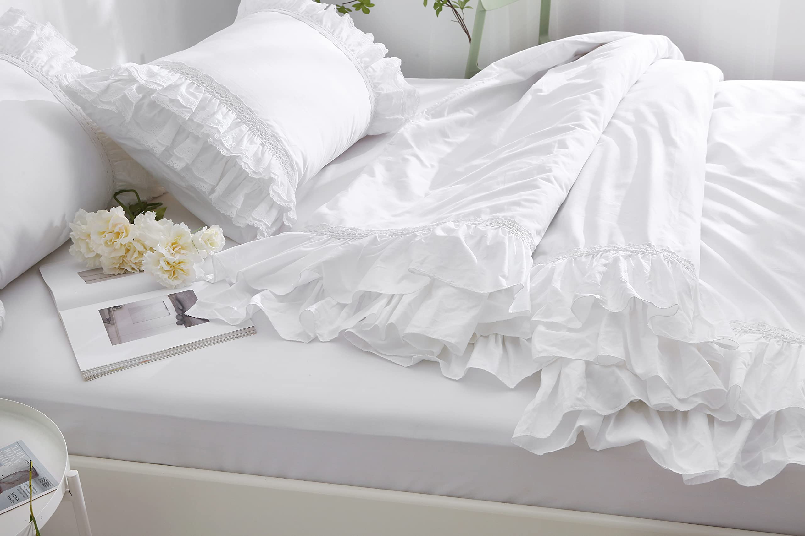 Meaning4 White Twin Duvet Cover with Ruffles and Lace Quilt Cover Egypt Cotton 68x90 Inch 1 Pieces Solid (Not Include Pillowcases and Insert)