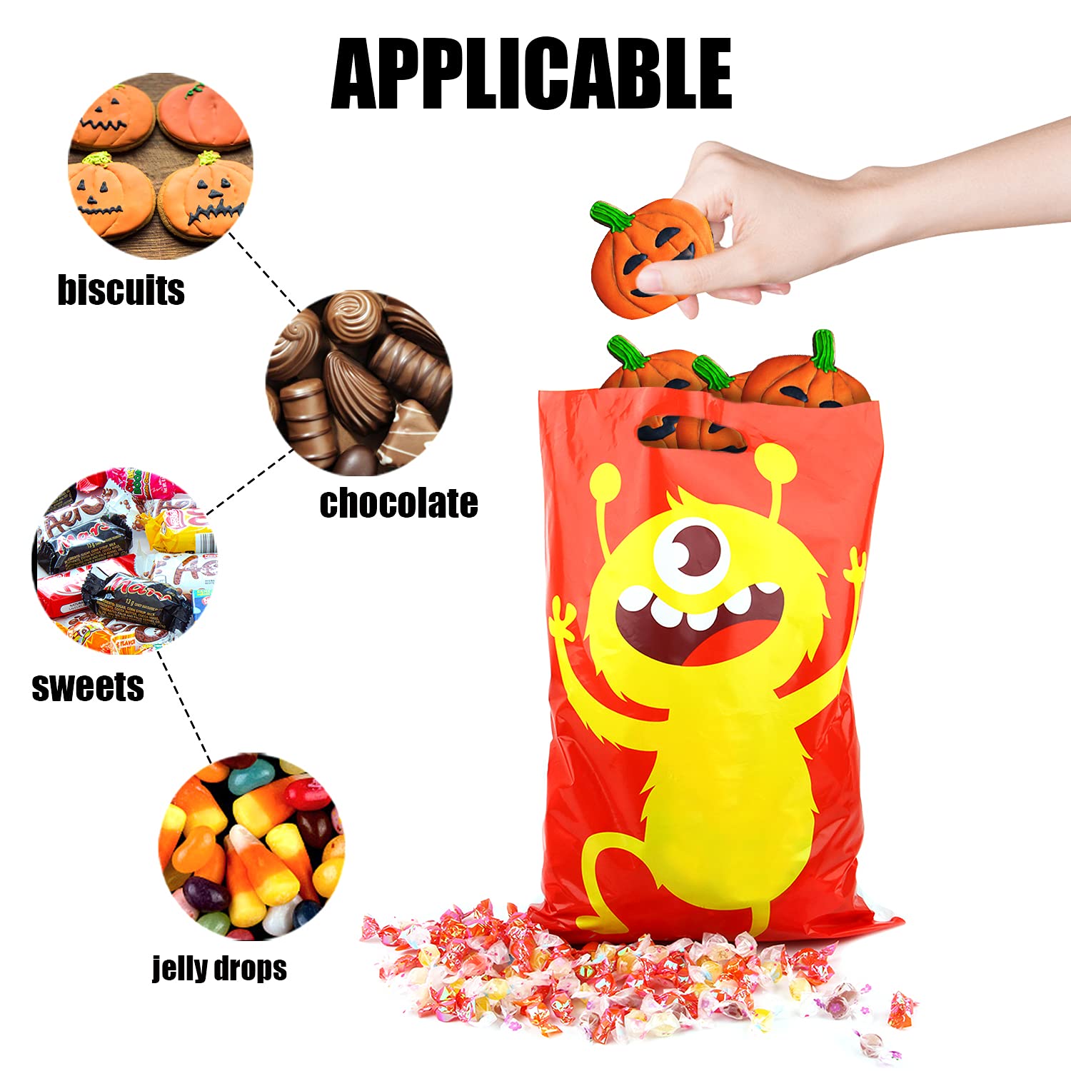 CCINEE 72pcs Halloween Treat Bags, Pumpkin Plastic Candy Tote Bags for Kids Trick or Treat Halloween Party Supply