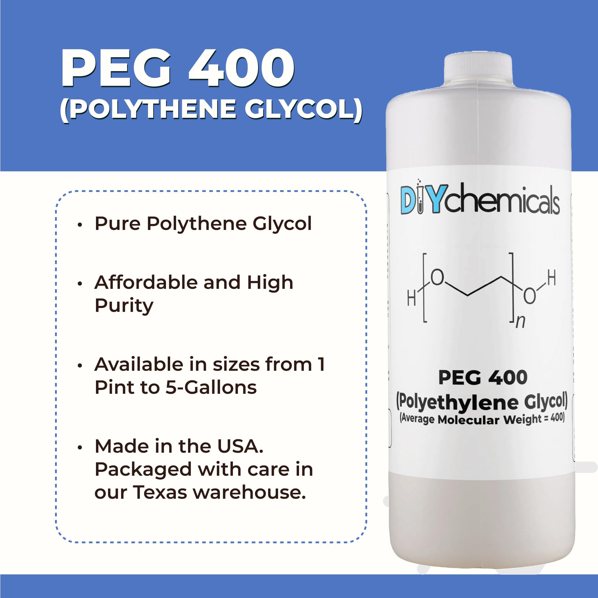 DIYChemicals Polyethylene Glycol PEG 400 for Industrial Manufacturing, Fog Machines, Antifreeze, Solvent, Humectant – Non-Toxic, Odorless, Bulk - 1 Pint