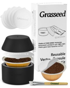 grasseed reusable vertuo capsule kit for vertuoline capsules with 50pcs aluminum foil seals lid, holder and brush, fits for refill pods vertuoline pod - black