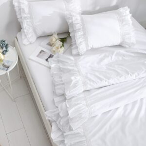 Meaning4 White Twin Duvet Cover with Ruffles and Lace Quilt Cover Egypt Cotton 68x90 Inch 1 Pieces Solid (Not Include Pillowcases and Insert)