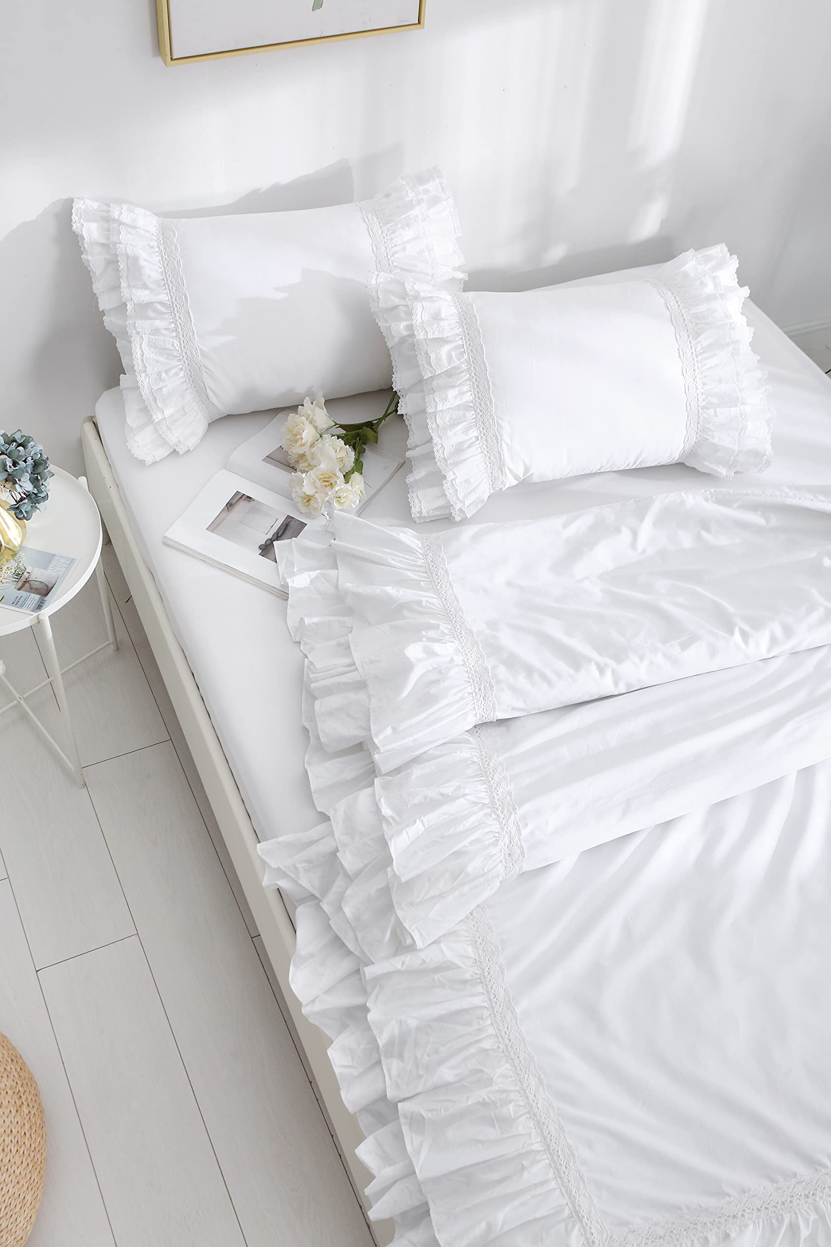 Meaning4 White Twin Duvet Cover with Ruffles and Lace Quilt Cover Egypt Cotton 68x90 Inch 1 Pieces Solid (Not Include Pillowcases and Insert)