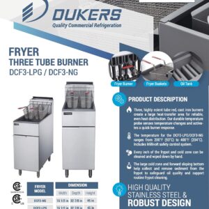 Dukers DCF3-LPG Liquid Propane Gas Commercial Floor Deep Fryer with 3 Tubes Burners 40lb 90,000 BTU