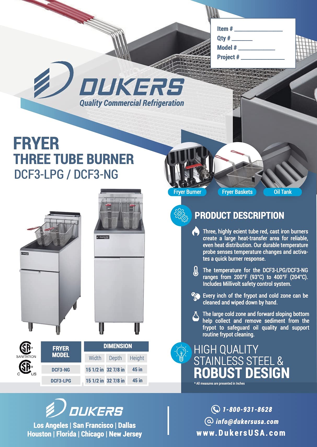 Dukers DCF3-LPG Liquid Propane Gas Commercial Floor Deep Fryer with 3 Tubes Burners 40lb 90,000 BTU