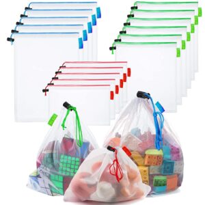 16 pcs mesh small toy bags for storage, 3 sizes reusable mesh drawstring produce bags puzzle bag for kids storage playroom organization, fruits, vegetable