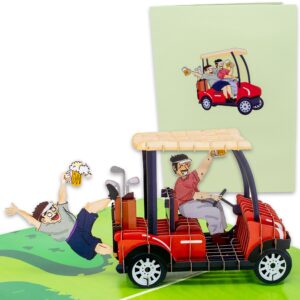 golf birthday card | 3d pop up golf cart with golfing friend | funny retirement cards for boss, coworker | happy birthday cards for men, grandpa | fathers day card for husband, dad, golfers