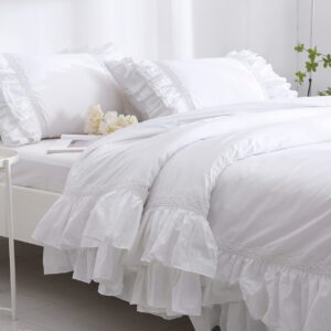 Meaning4 White Twin Duvet Cover with Ruffles and Lace Quilt Cover Egypt Cotton 68x90 Inch 1 Pieces Solid (Not Include Pillowcases and Insert)