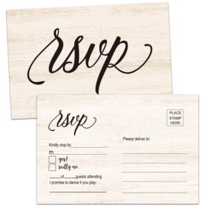 50 rustic wood rsvp postcards, response cards, rsvp cards, reply cards perfect for wedding, rehearsal dinner, baby shower, bridal, birthday, engagement, bachelorette party invitations, 4x6 inch.