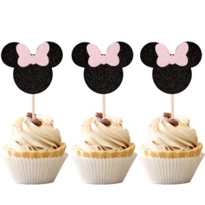 24 PCS Black and Pink Mouse Inspired Cupcake Toppers with Bow Glitter Mini Cupcake Picks Baby Shower Wedding Kids Birthday Party Cake Decorations Supplies