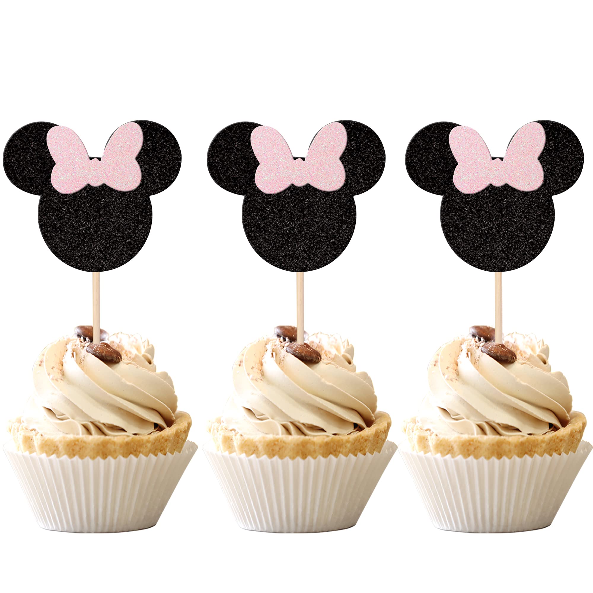 24 PCS Black and Pink Mouse Inspired Cupcake Toppers with Bow Glitter Mini Cupcake Picks Baby Shower Wedding Kids Birthday Party Cake Decorations Supplies