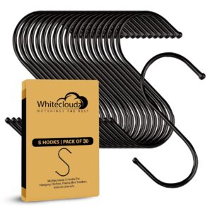 whitecloudz 30 pack black s hooks for hanging plants, metal hooks for hanging, s hooks for hanging heavy duty, durable s shaped kitchen hooks for kitchenware, pots, utensils, clothes & bags