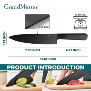 GrandMesser Cooking Chef Knife 8 Inches Carbon Stainless Steel Kitchen Knife with Sharpener and Ergonomic Handle - Chopping Knife for Professional Use (Glossy Stainless)