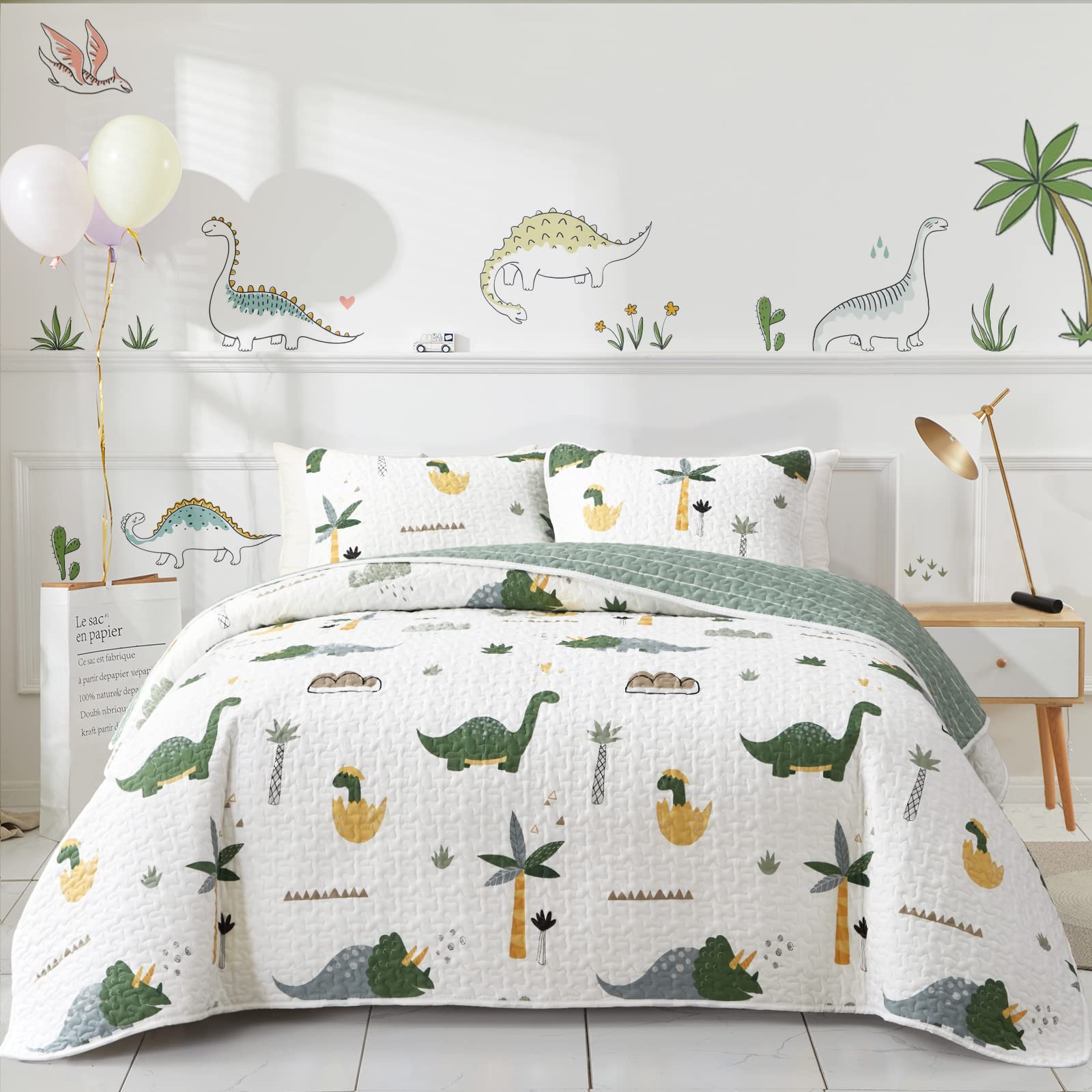 Joyreap 2-Piece Cotton Quilt Set Twin, Dinosaur Theme Green Color Design for Kids Boys n Girls, Smooth Soft Quilt Bedspread Bed Cover for All Season, 1 Quilt and 1 Pillow Sham- 68x86 inches