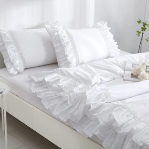 Meaning4 White Twin Duvet Cover with Ruffles and Lace Quilt Cover Egypt Cotton 68x90 Inch 1 Pieces Solid (Not Include Pillowcases and Insert)