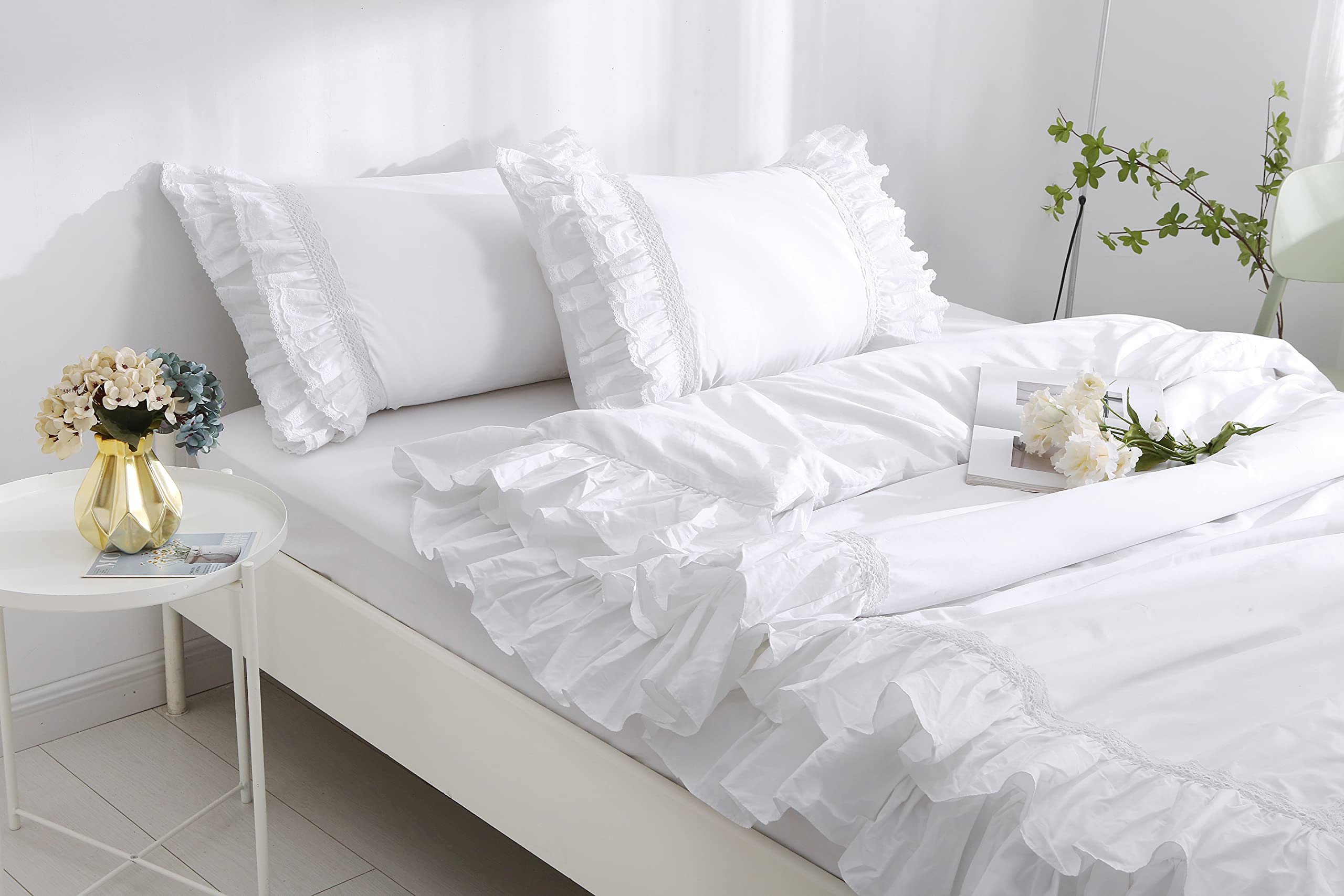 Meaning4 White Twin Duvet Cover with Ruffles and Lace Quilt Cover Egypt Cotton 68x90 Inch 1 Pieces Solid (Not Include Pillowcases and Insert)