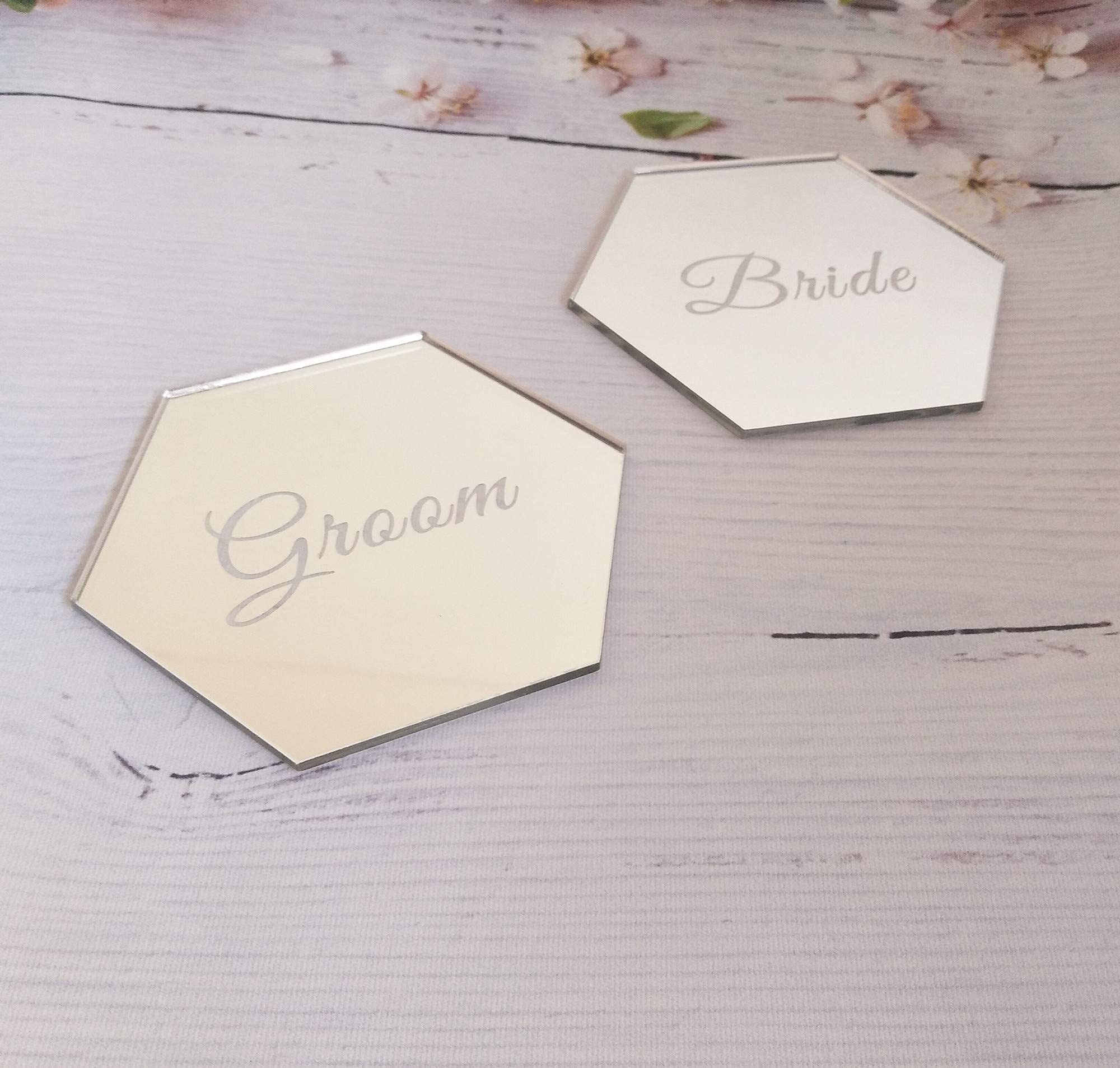 XIAOYUE Bride and Groom Acrylic Mirrored Hexagon Place Cards, Geometric Bride and Groom Table Setting,Wedding Place Cards, Bride and Groom Set (Silver Mirror)