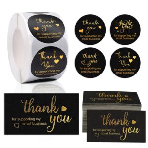 620pcs thank you card set, 120pcs gold foil thank you for supporting my business cards 500pcs 1.5” black thank you stickers label roll for business online retail store package inserts