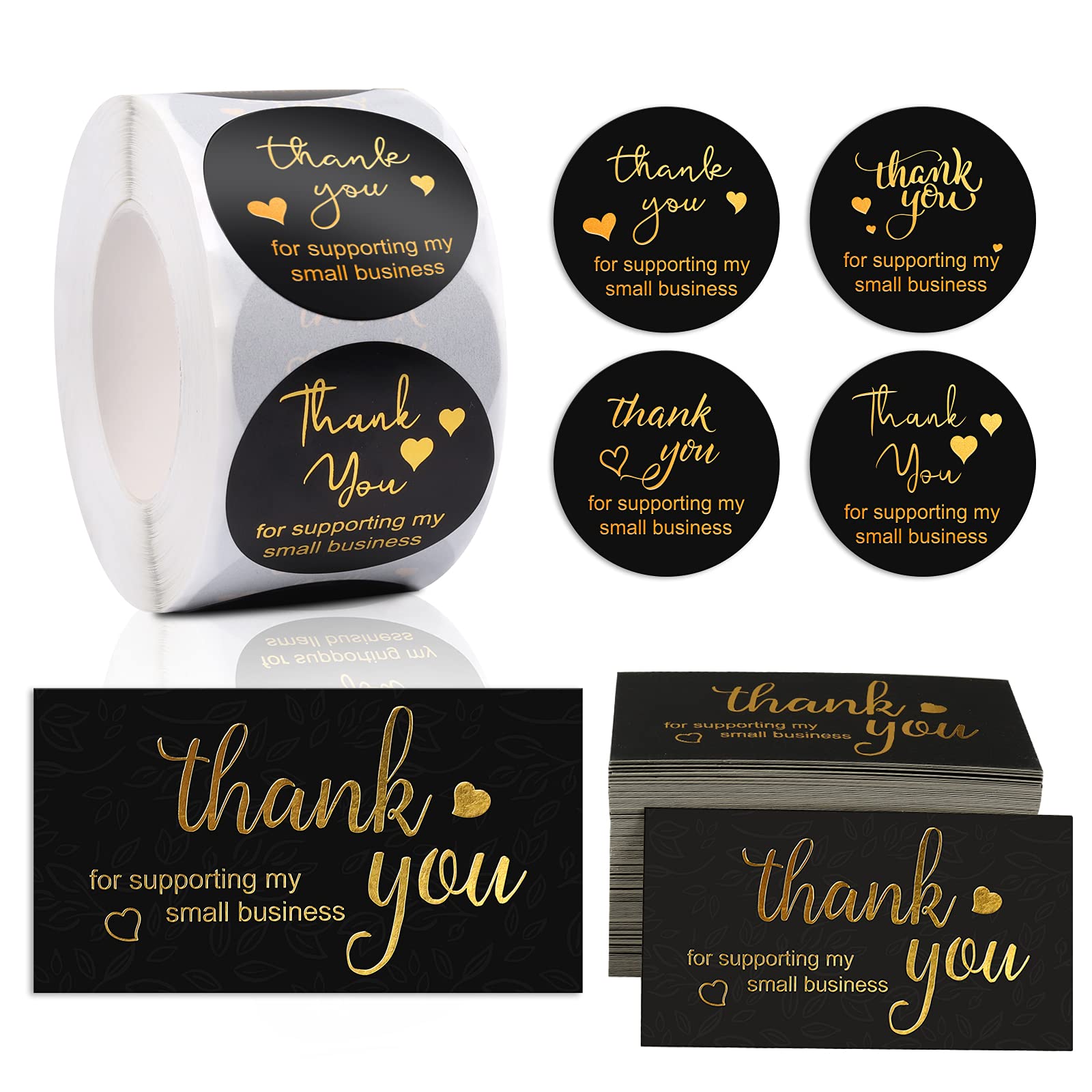 620PCS Thank You Card Set, 120PCS Gold Foil Thank You for Supporting My Business Cards 500PCS 1.5” Black Thank You Stickers Label Roll for Business Online Retail Store Package Inserts