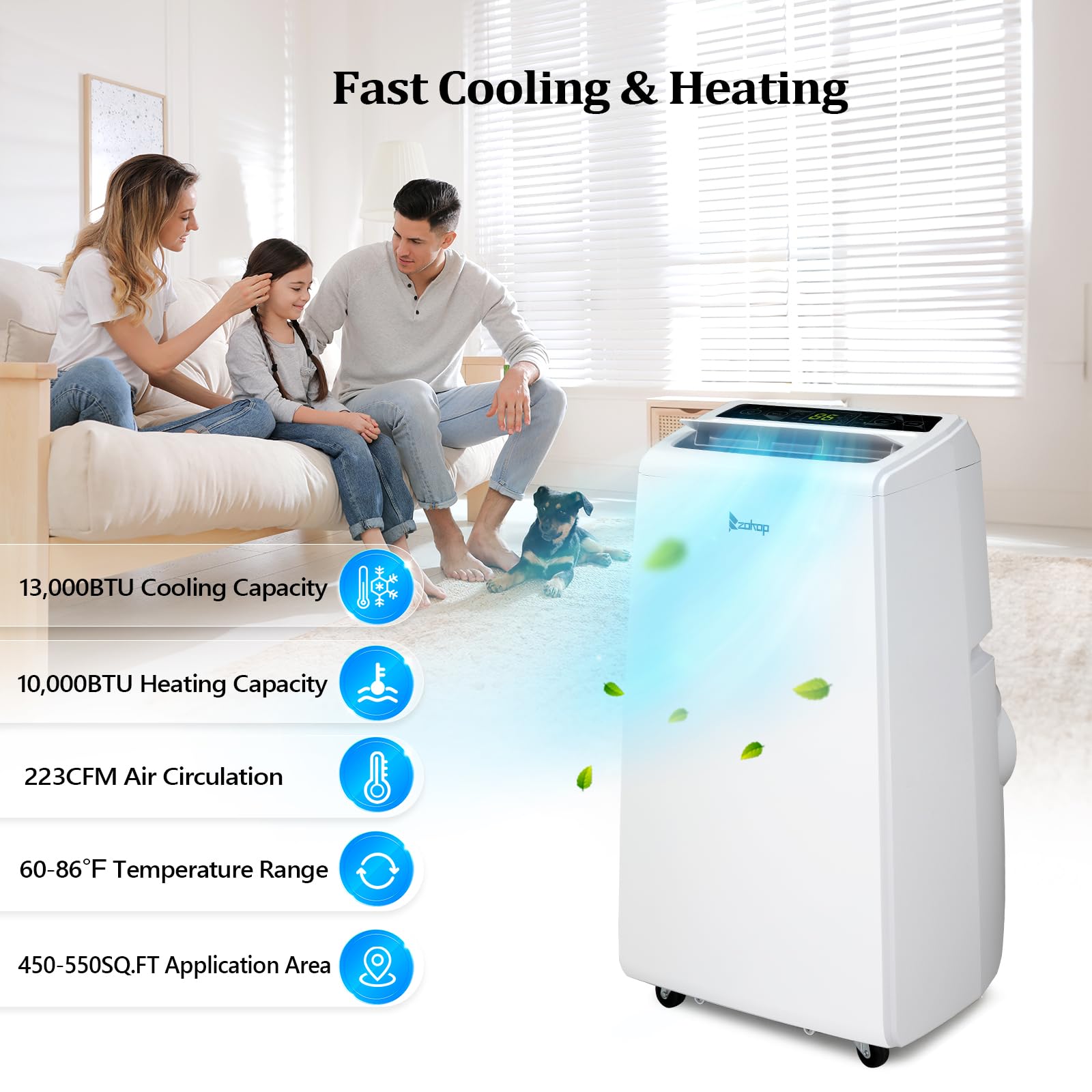 ROVSUN WiFi Enabled 13000 BTU Portable Air Conditioner with Heat, 4-in-1 Cooler, Heater, Dehumidifier, Fan, Room Mobile AC Unit with Remote/APP Control, Rolling Wheels & Easy Installation Kit