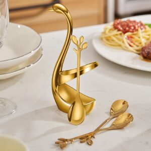 AnSaw Gold Small Coffee Spoon Holder Set,Swan Base With 10 Pcs Demitasse Espresso Spoons Set,4.7" Mini Leaf Dessert Spoon,Stainless Steel Tea Spoons