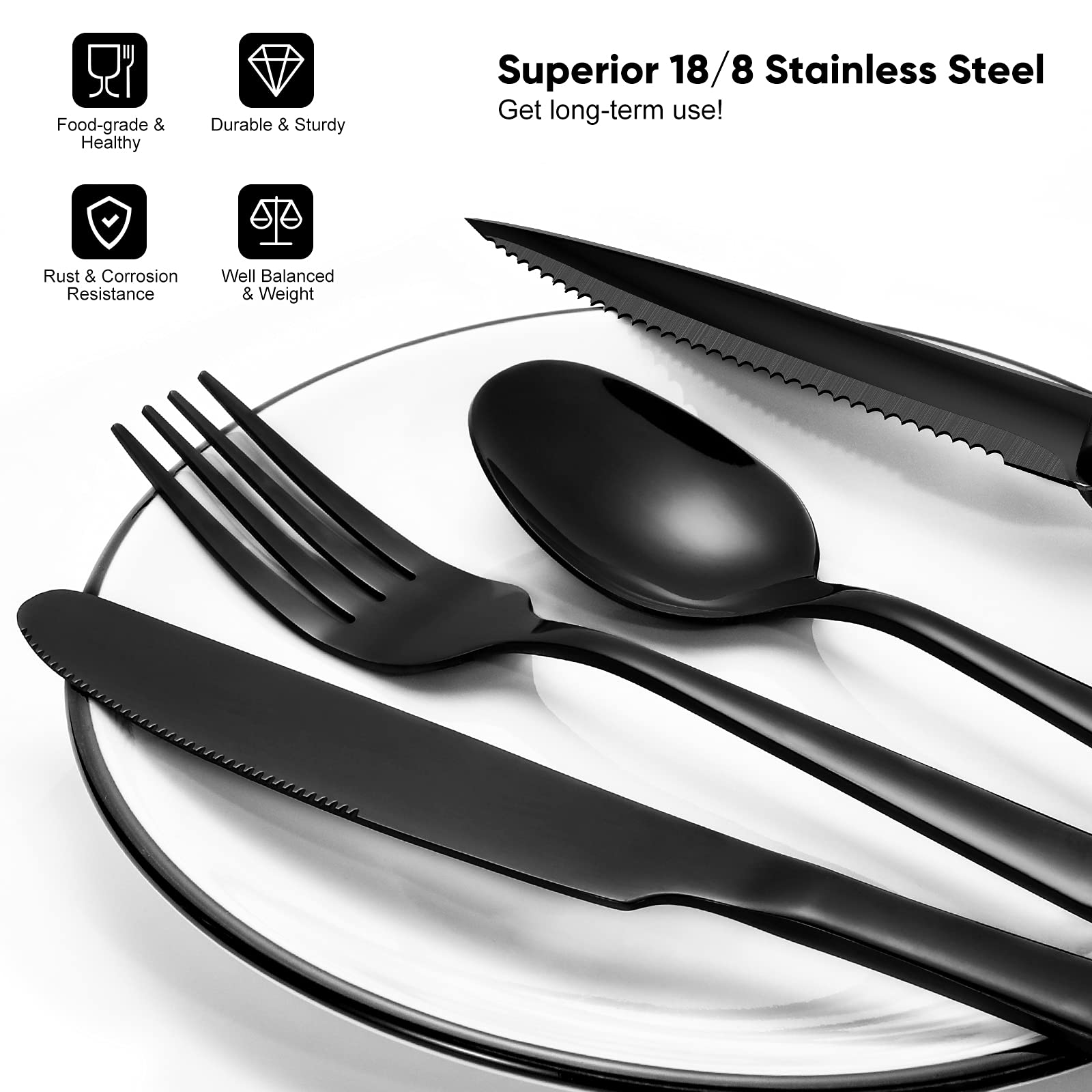 48 Pieces Black Silverware Set, Black Flatware Set with Steak Knives, Food-Grade Stainless Steel Cutlery Set for 8, Tableware Eating Utensils, Dishwasher Safe