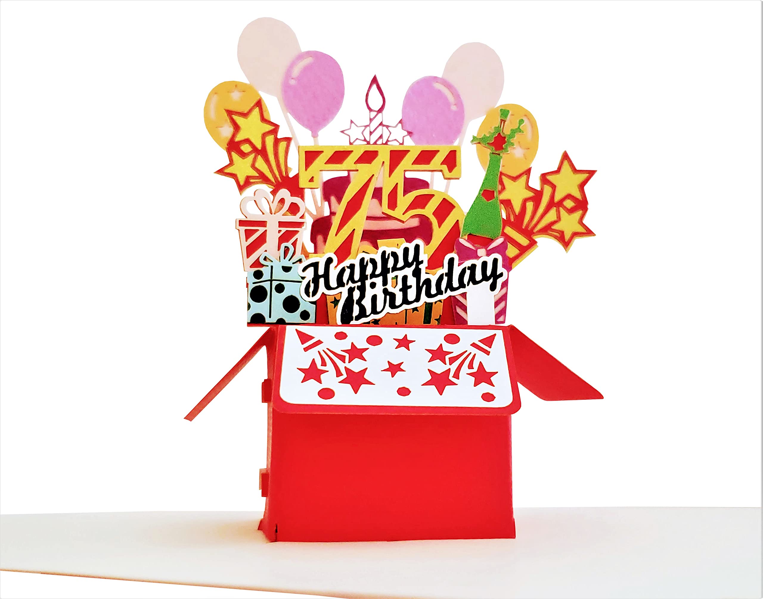 iGifts And Cards Happy 75th Red Birthday Party Box 3D Pop Up Greeting Card – Seventy-Five, Awesome, Balloons, Unique, Celebration, Feliz Cumpleaños, Fun, Mom, Dad