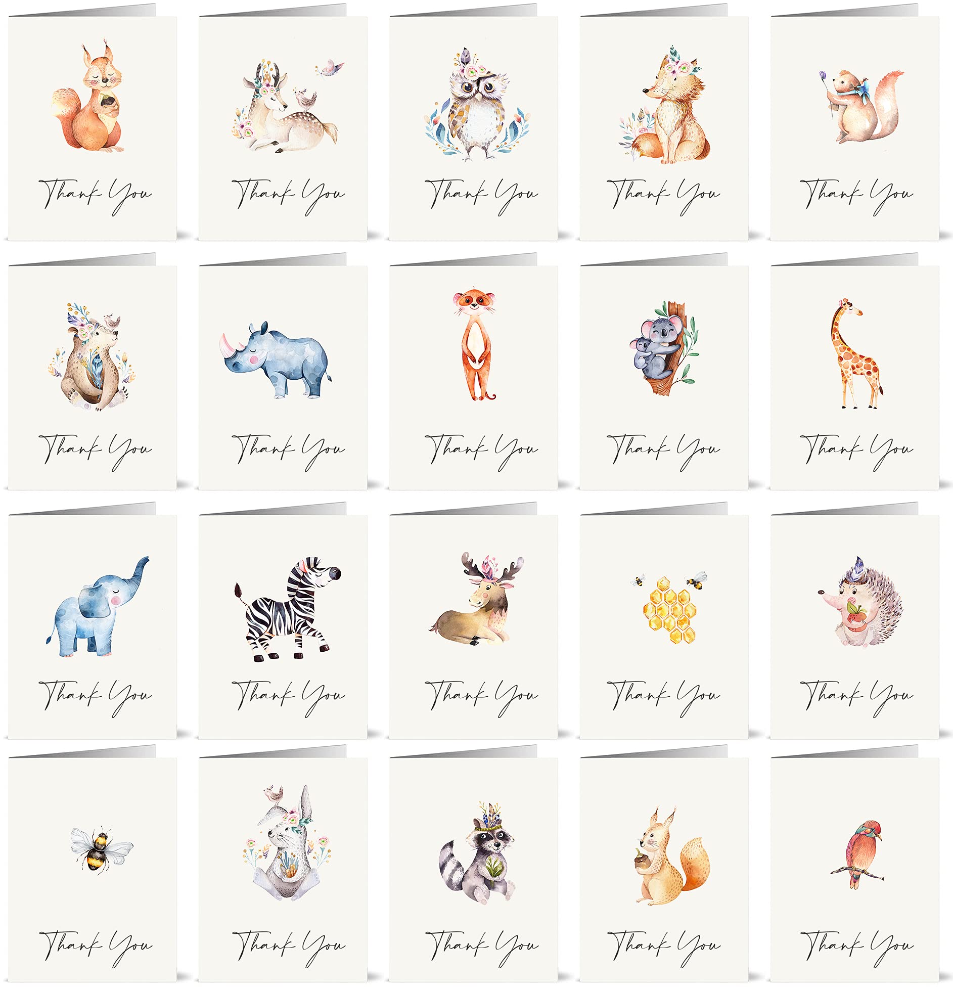 the lazy panda card company 20 x Watercolor Animal Thank You Cards with Envelopes