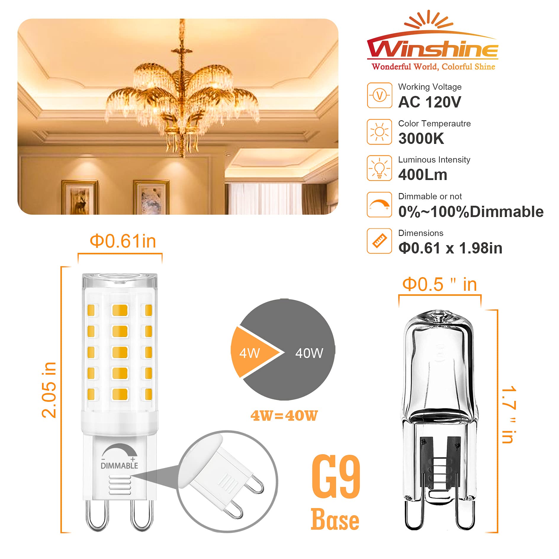 winshine Dimmable G9 LED Light Bulb 3000K Warm White, 4W G9 Base Chandelier Light Bulb Soft White, T4 40Watt Halogen Replacement G9 Bi Pin Base, CRI85 120V 360° Beam Angle 5 Pack