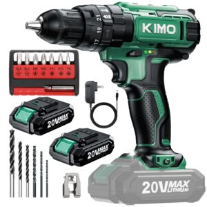 kimo hammer drill - 20v 2x battery hammer drill cordless drill set, 350 in-lb torque, 3/8" keyless chuck, 1350 rpm, 21+3 position,14pcs drill/driver bits, power drill drivers for concrete brick wall