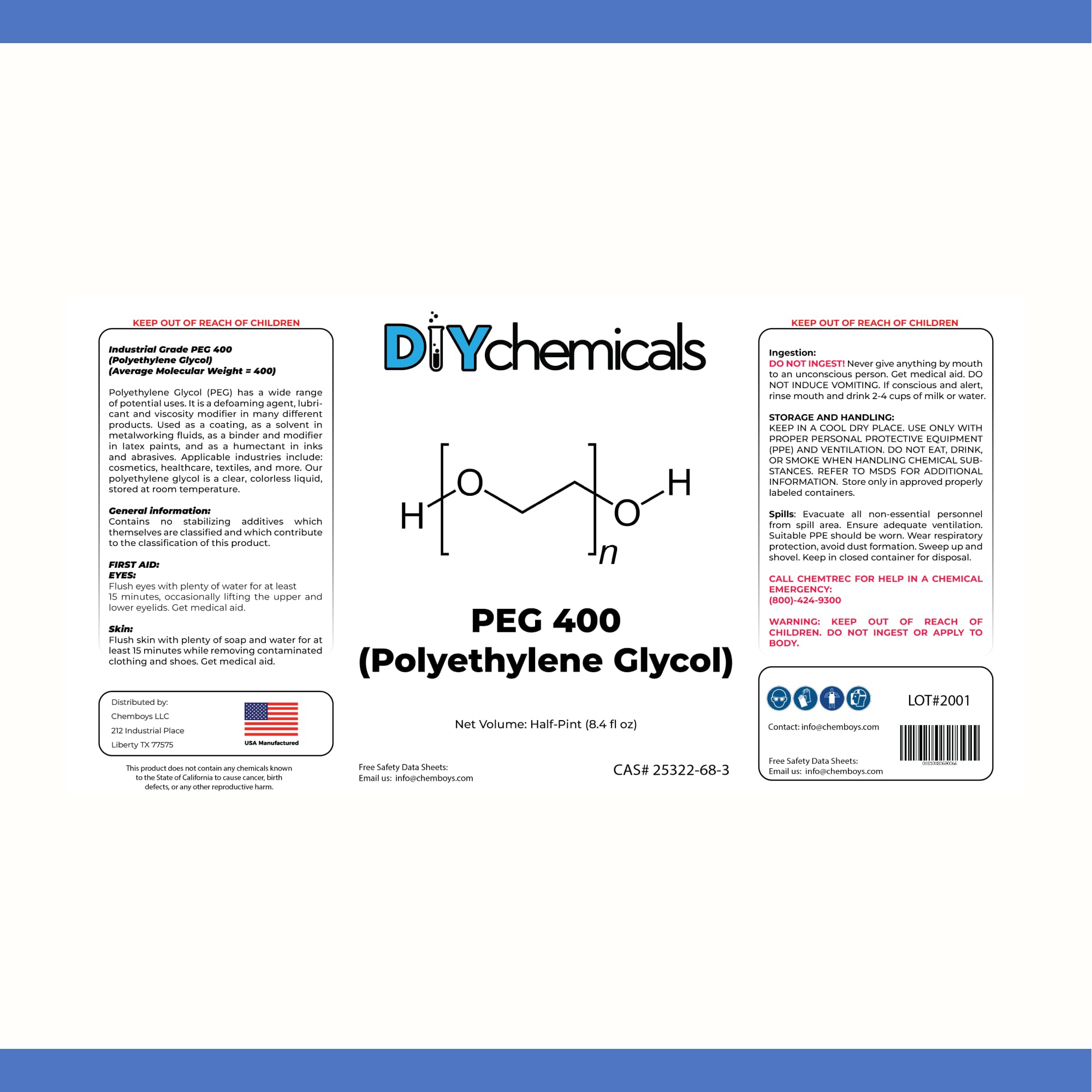 DIYChemicals Polyethylene Glycol PEG 400 for Industrial Manufacturing, Fog Machines, Antifreeze, Solvent, Humectant – Non-Toxic, Odorless, Bulk - 1 Pint