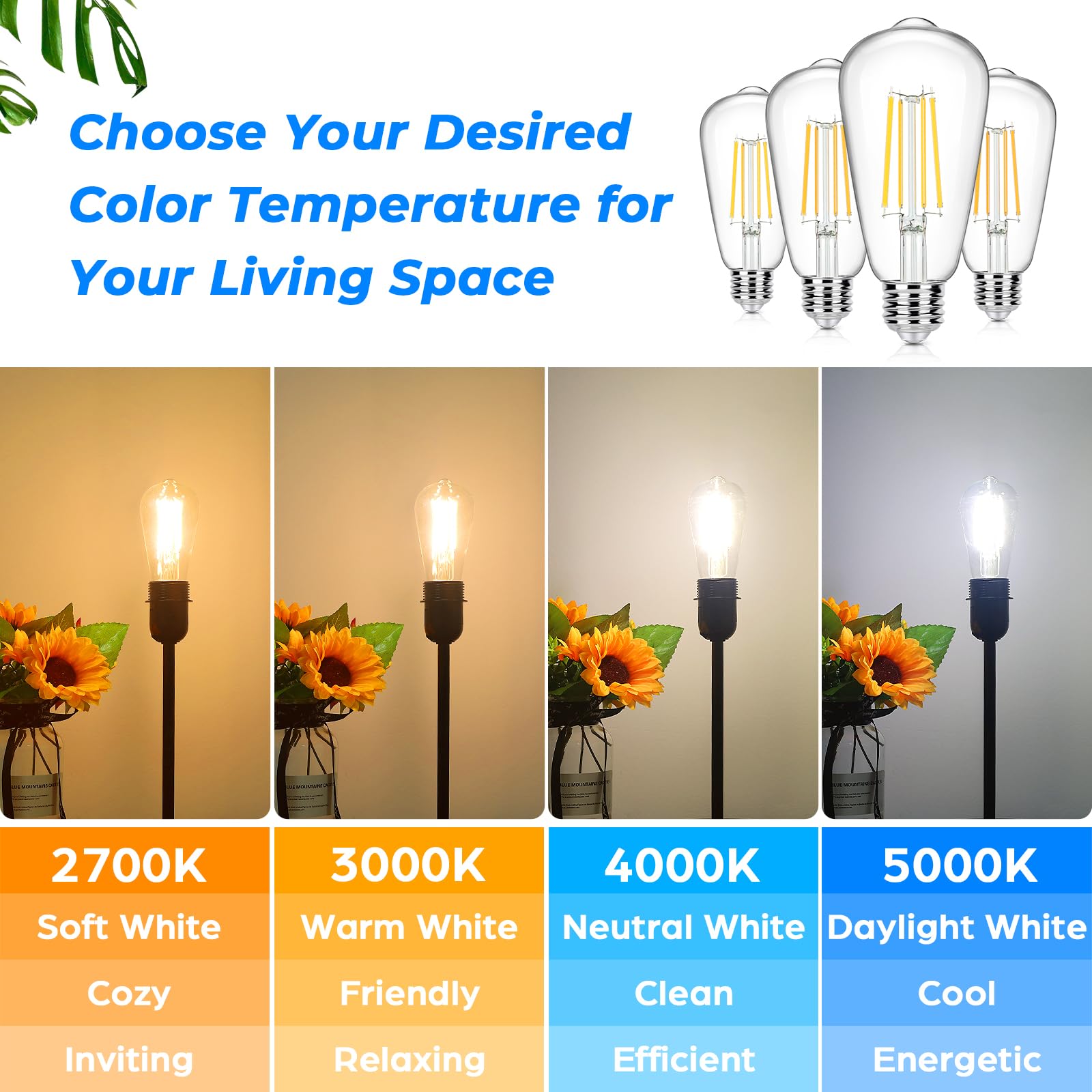 4-Pack Vintage E26 LED Edison Bulbs 100W Equivalent 1400LM High Brightness 8W ST58 LED Filament Light Bulbs 5000K Daylight White Medium Base CRI90+ Antique Clear Glass for Home Kitchen, Non-dimmable