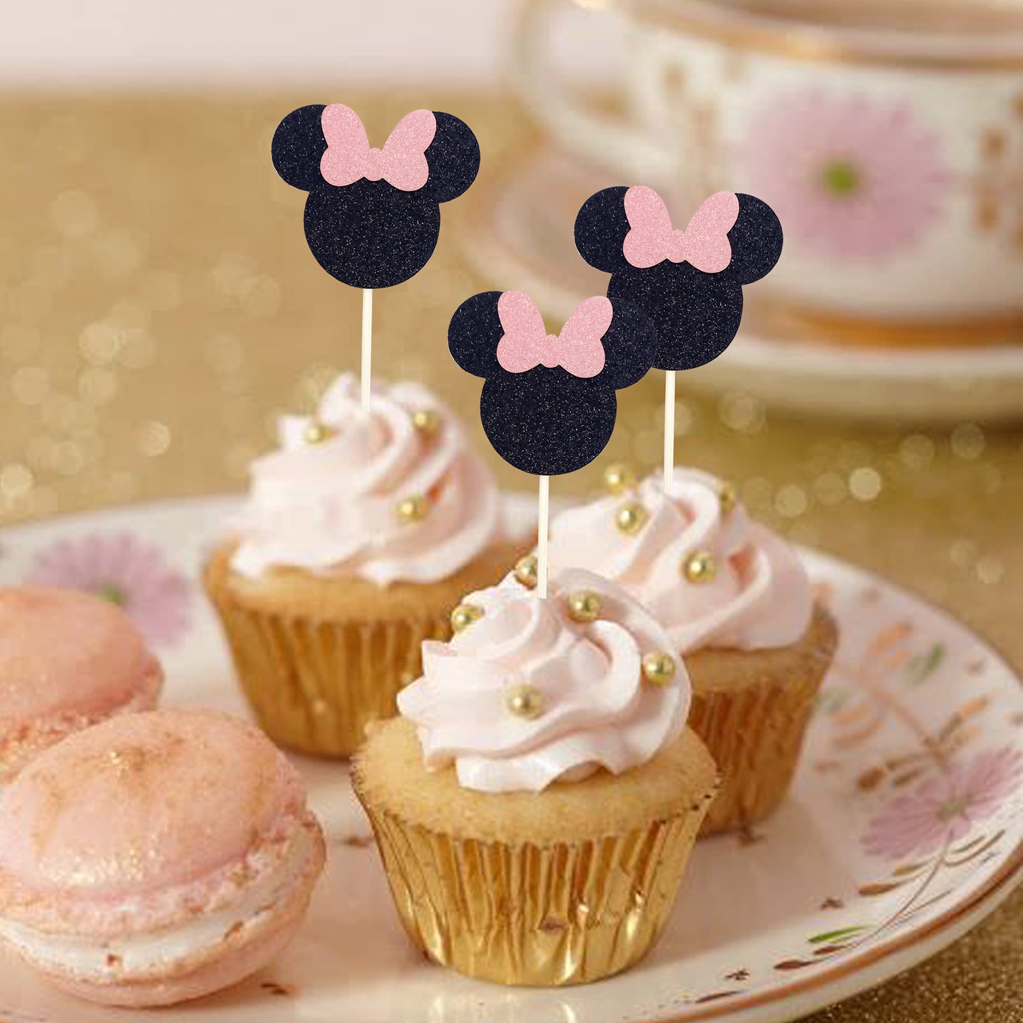 24 PCS Black and Pink Mouse Inspired Cupcake Toppers with Bow Glitter Mini Cupcake Picks Baby Shower Wedding Kids Birthday Party Cake Decorations Supplies