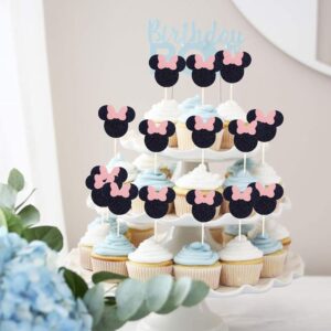 24 PCS Black and Pink Mouse Inspired Cupcake Toppers with Bow Glitter Mini Cupcake Picks Baby Shower Wedding Kids Birthday Party Cake Decorations Supplies