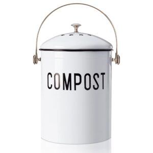 jrw design white kitchen compost bin plus 2 non-smell filters, 1.3 gallon farmhouse bin for countertop, durable bin kitchen with handle, easy to clean, rust proof composting bin, compost bucket