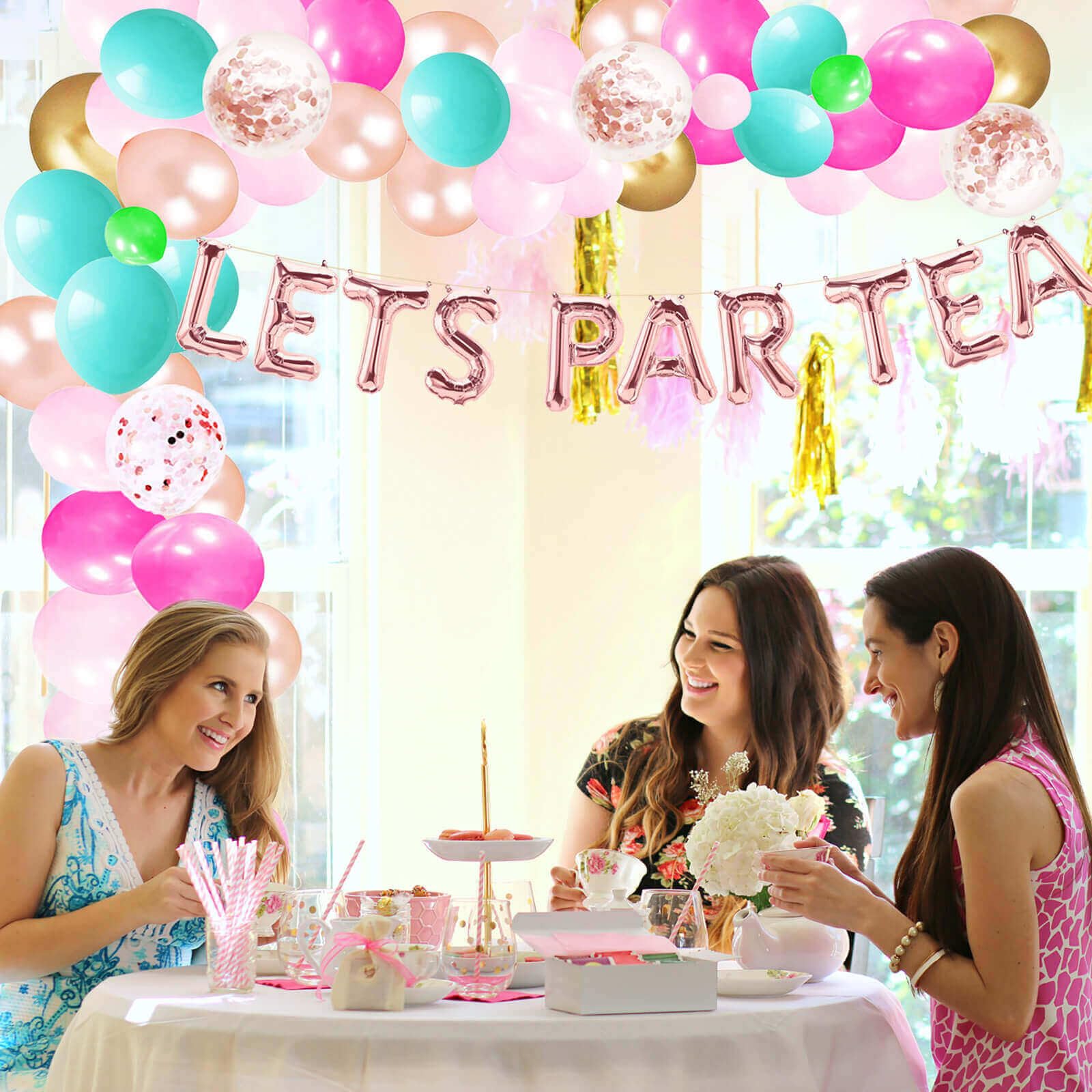 228 Pcs Tea Party Decorations, LET'S PARTEA Balloons Arch Garland Kit, Floral Tea Backdrop, Talking Party TableCloth, Teapot Teacups Tableware for Bridal Shower Engagement Bachelorette Party Supplies