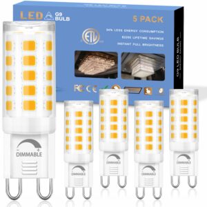 winshine dimmable g9 led light bulb 3000k warm white, 4w g9 base chandelier light bulb soft white, t4 40watt halogen replacement g9 bi pin base, cri85 120v 360° beam angle 5 pack