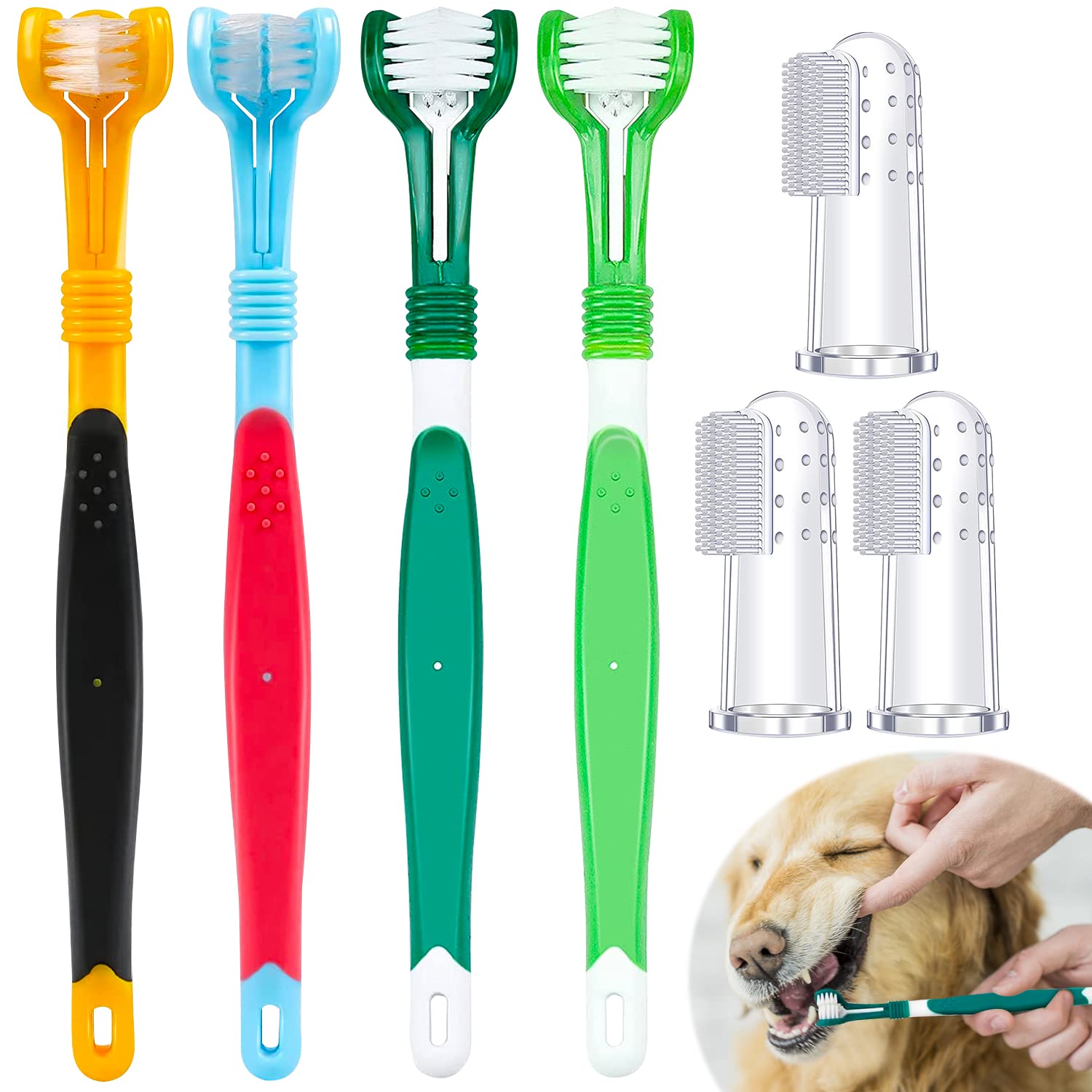 Tezam Dog Toothbrush Finger Set, Canine Toothbrush Kit for Dental Care with 3 Silicone Finger Brush - 3 Sided Pet Tooth Brush for Dogs and Cats Teeth Cleaning