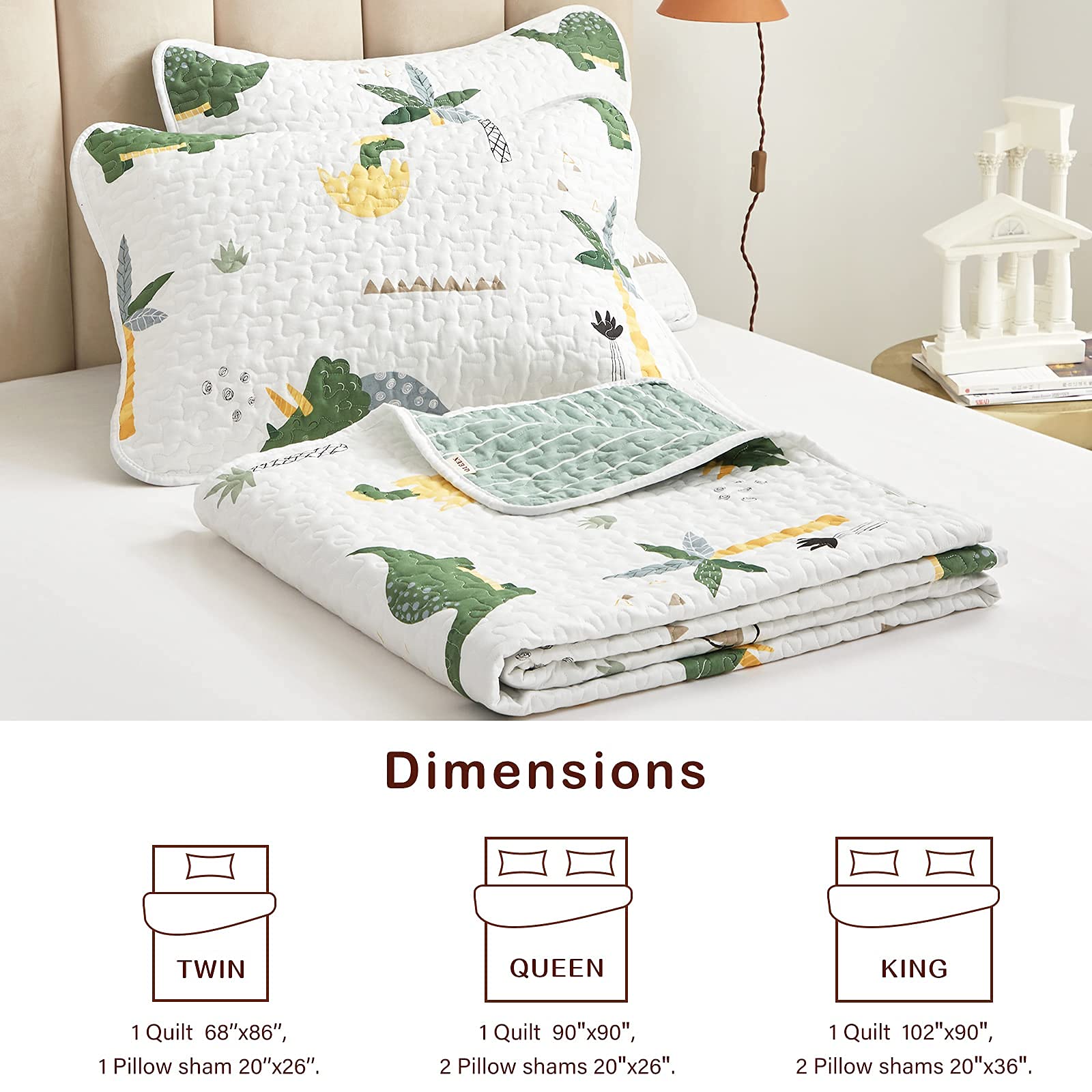 Joyreap 2-Piece Cotton Quilt Set Twin, Dinosaur Theme Green Color Design for Kids Boys n Girls, Smooth Soft Quilt Bedspread Bed Cover for All Season, 1 Quilt and 1 Pillow Sham- 68x86 inches